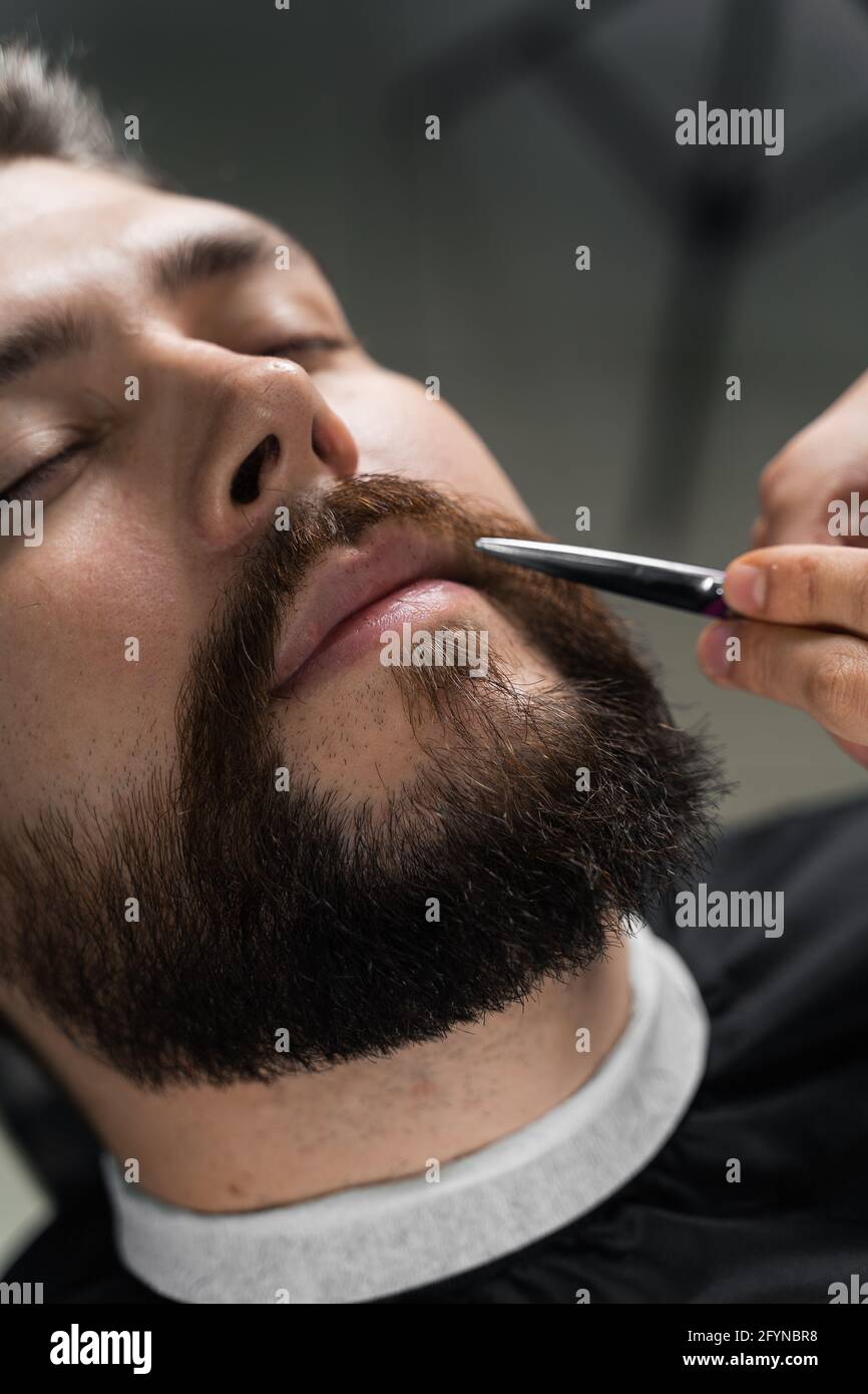 Haircut beard with scissors for a gentleman in a trendy barbershop ...