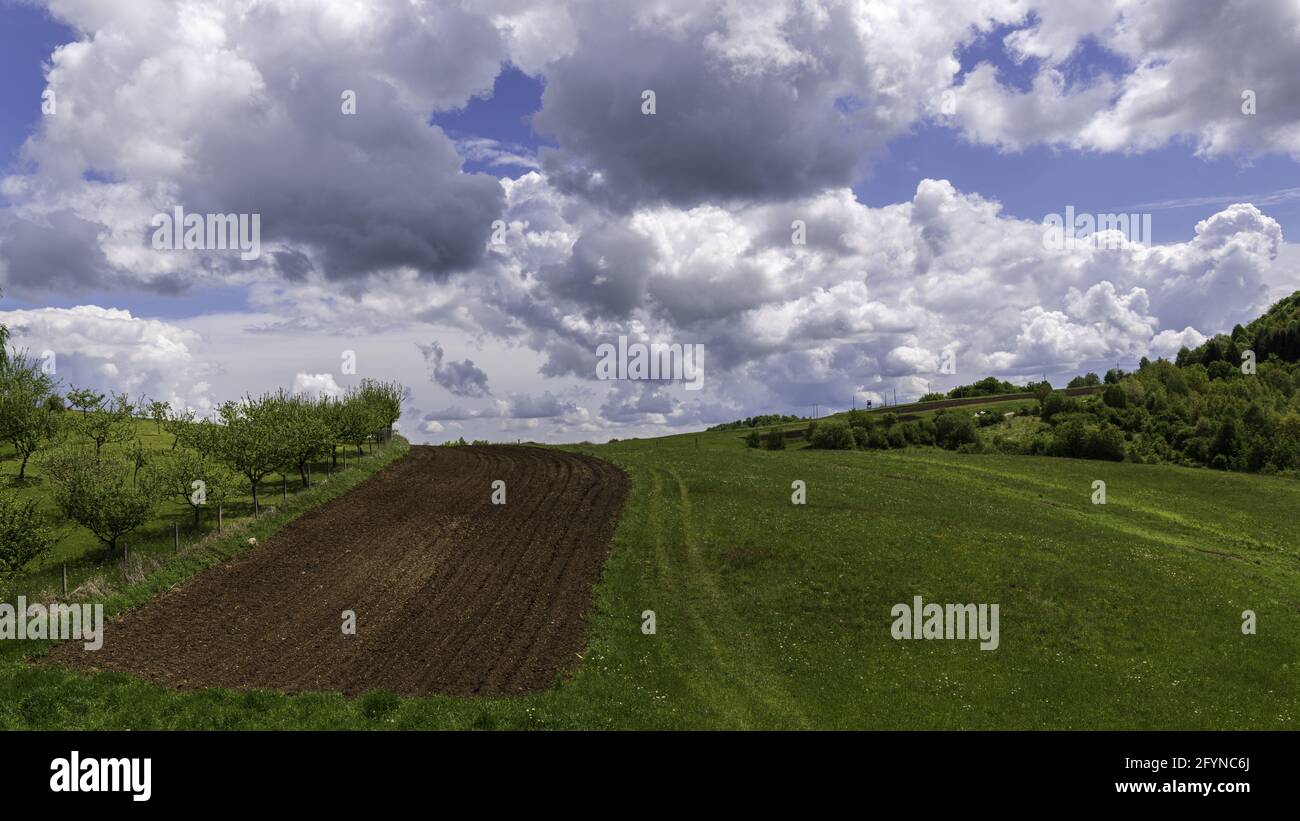 Cultivated fields and meadows in early spring, sky with clouds Stock ...