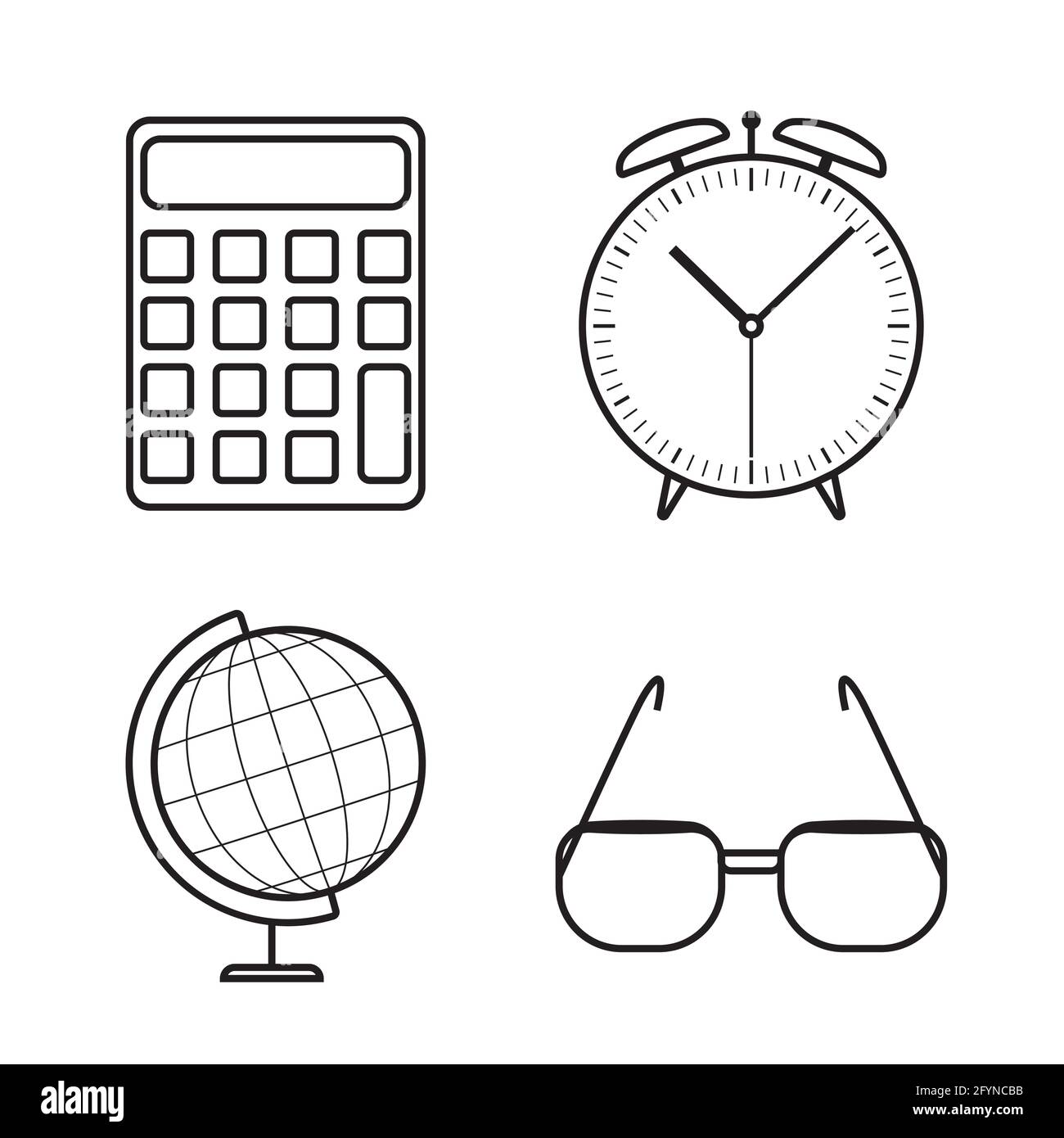 Black and white set of student icons: glasses, globe, alarm clock ...