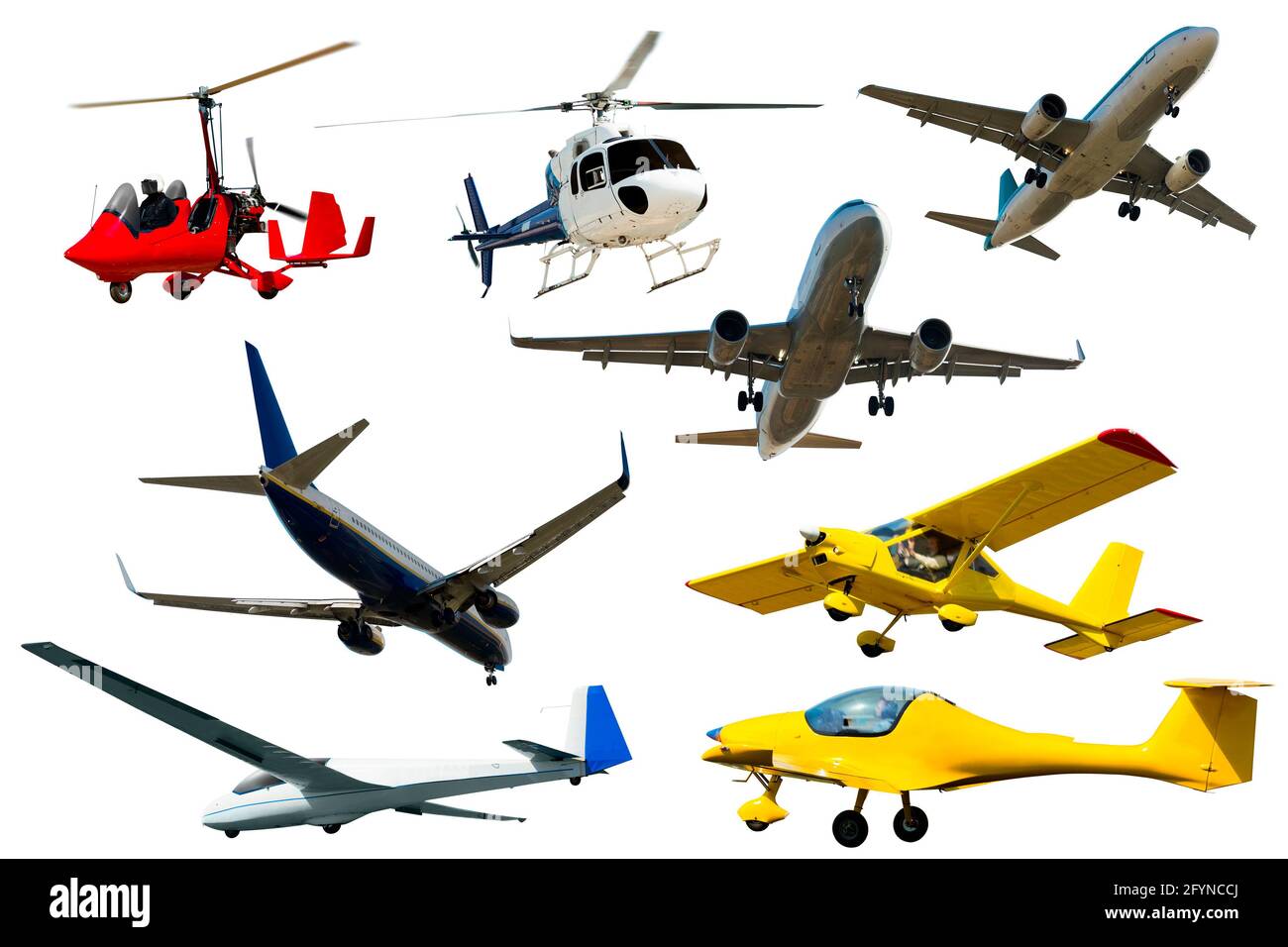 Collection of powered flying vehicles isolated on white background ...