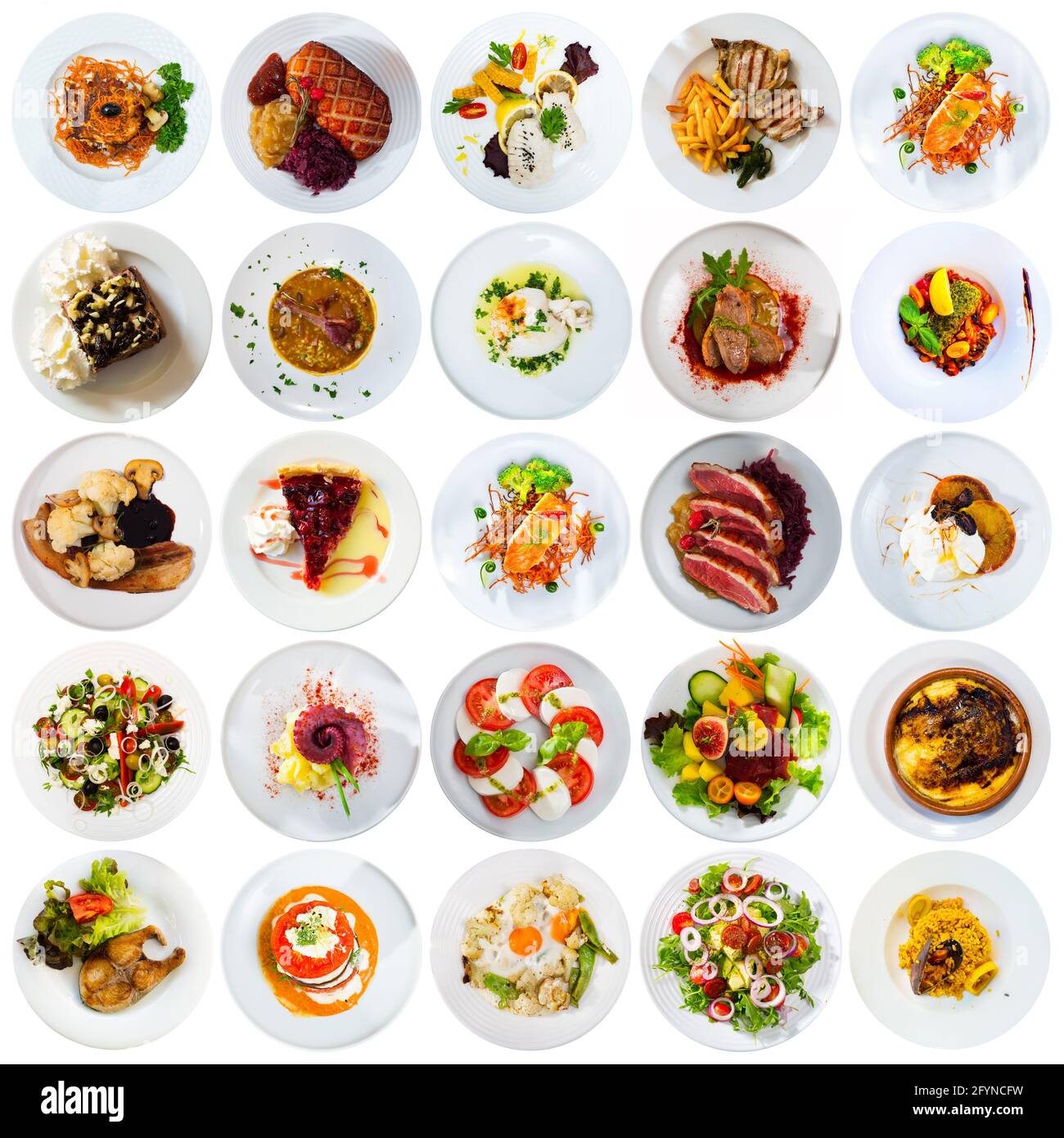 Collage of delicious cooked dishes on round plates isolated on white ...