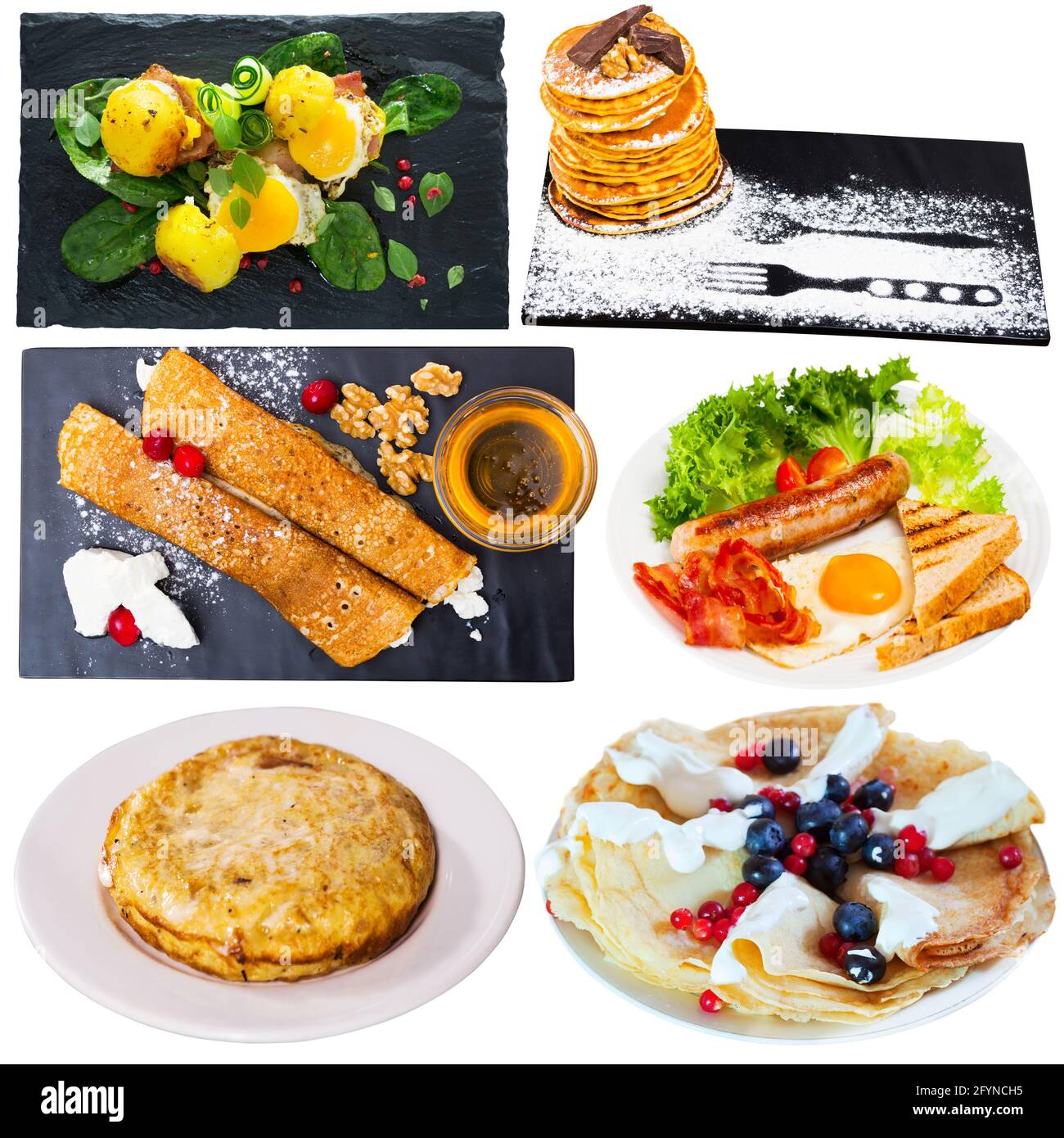 Set of various breakfasts served on plates, bowls and slates on white ...
