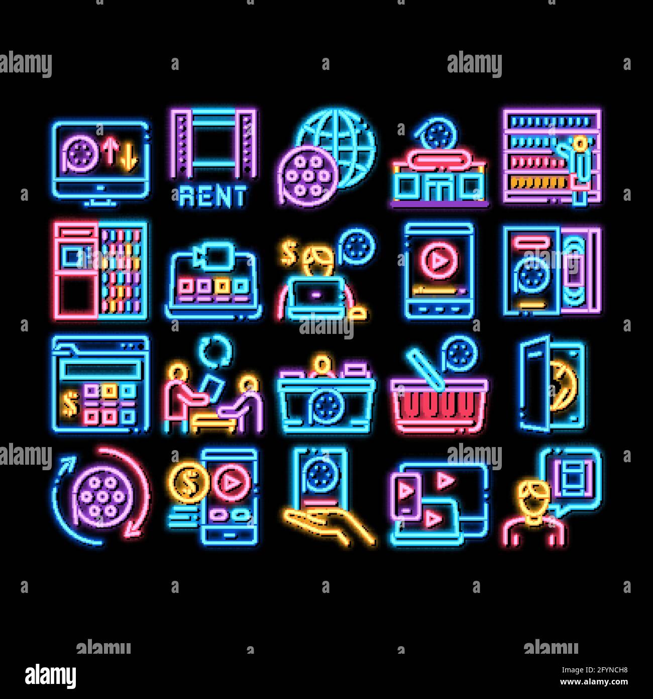 Renting Movies Service neon glow icon illustration Stock Vector Image ...