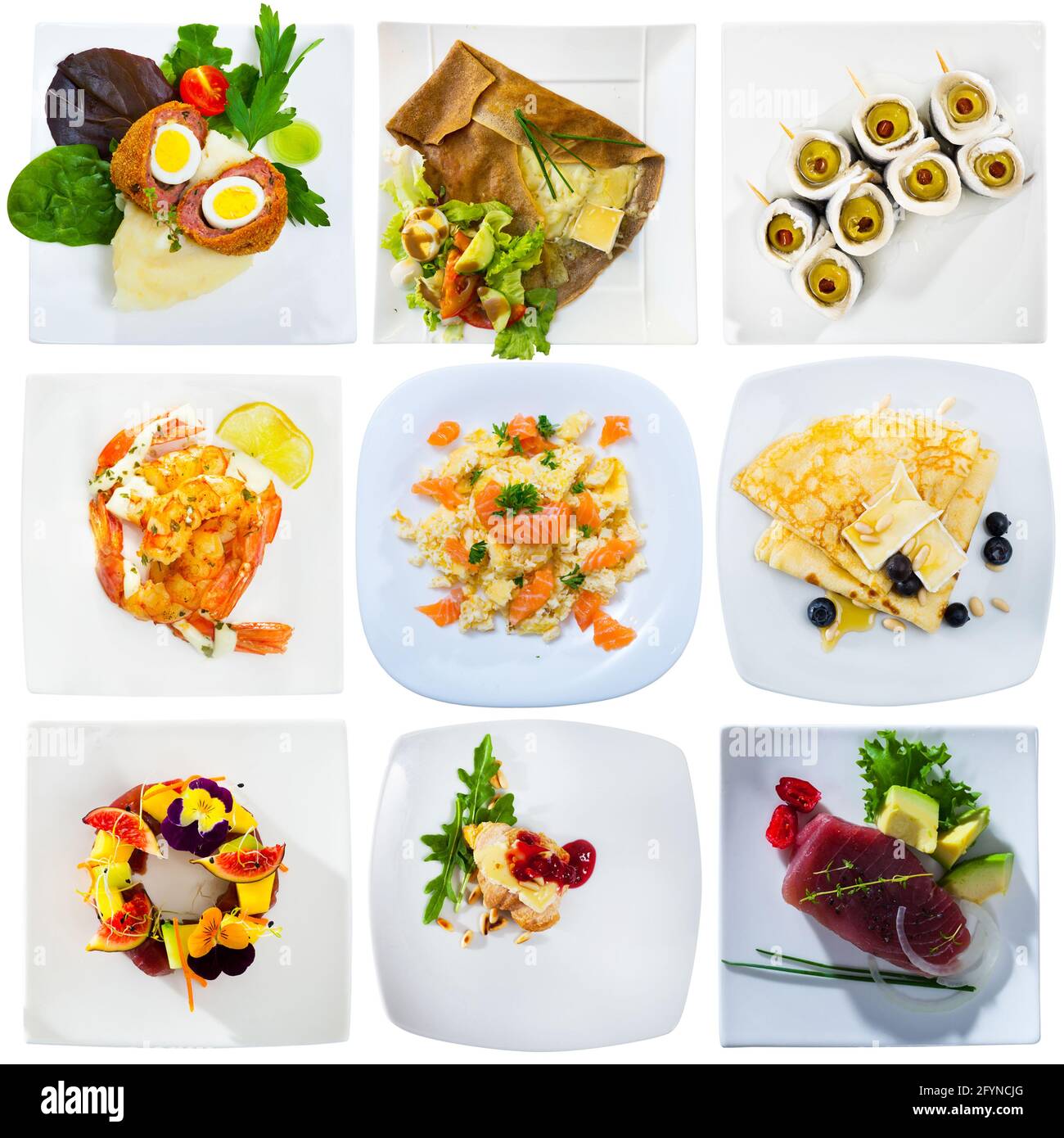 Set of various dishes served on square plates isolated on white ...