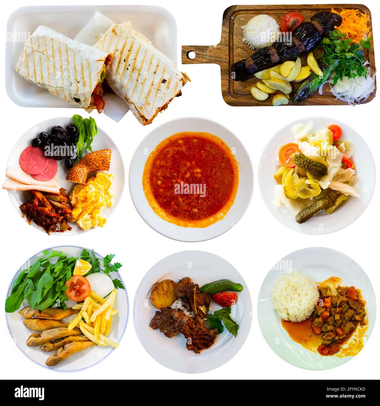 Collection of various traditional Turkish dishes isolated on white ...