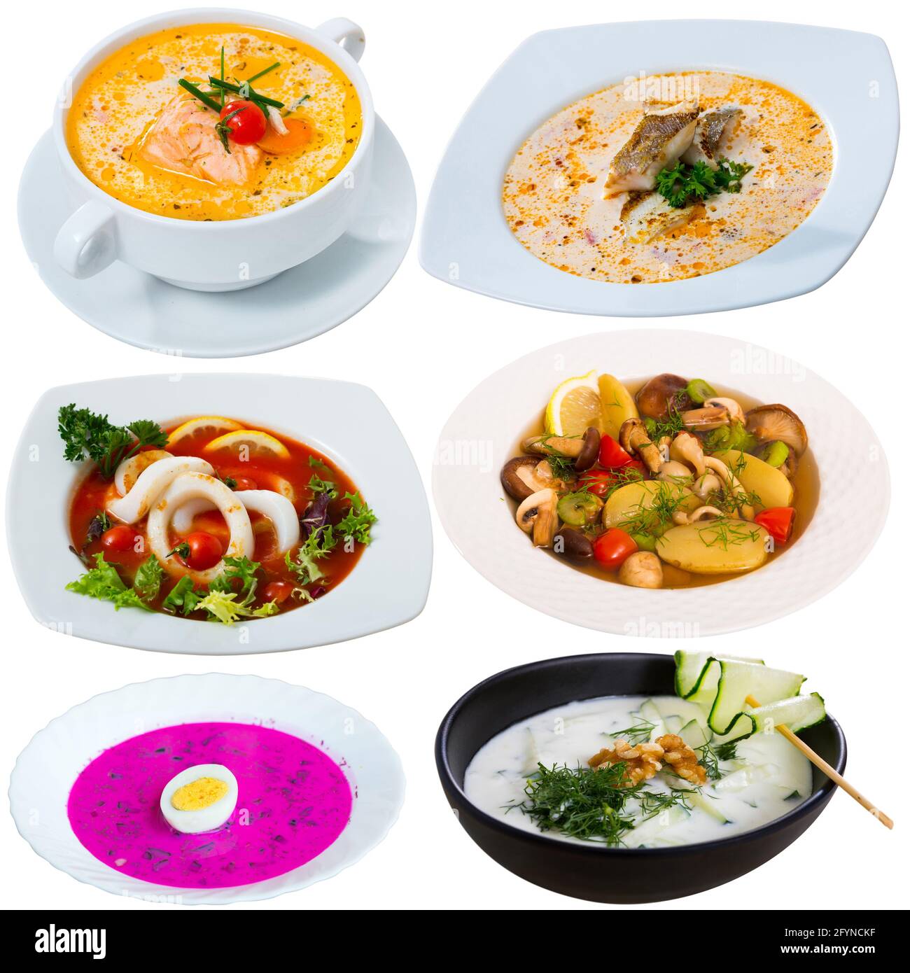 Collage of different soups isolated on white background Stock Photo - Alamy