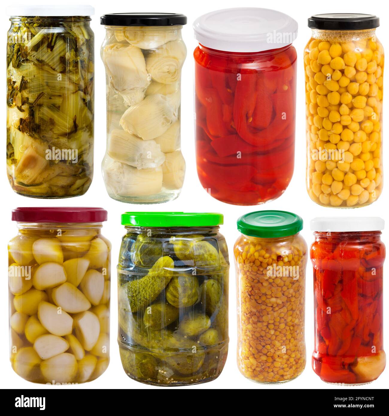 Collection of assorted open and closed preserved foods isolated on ...