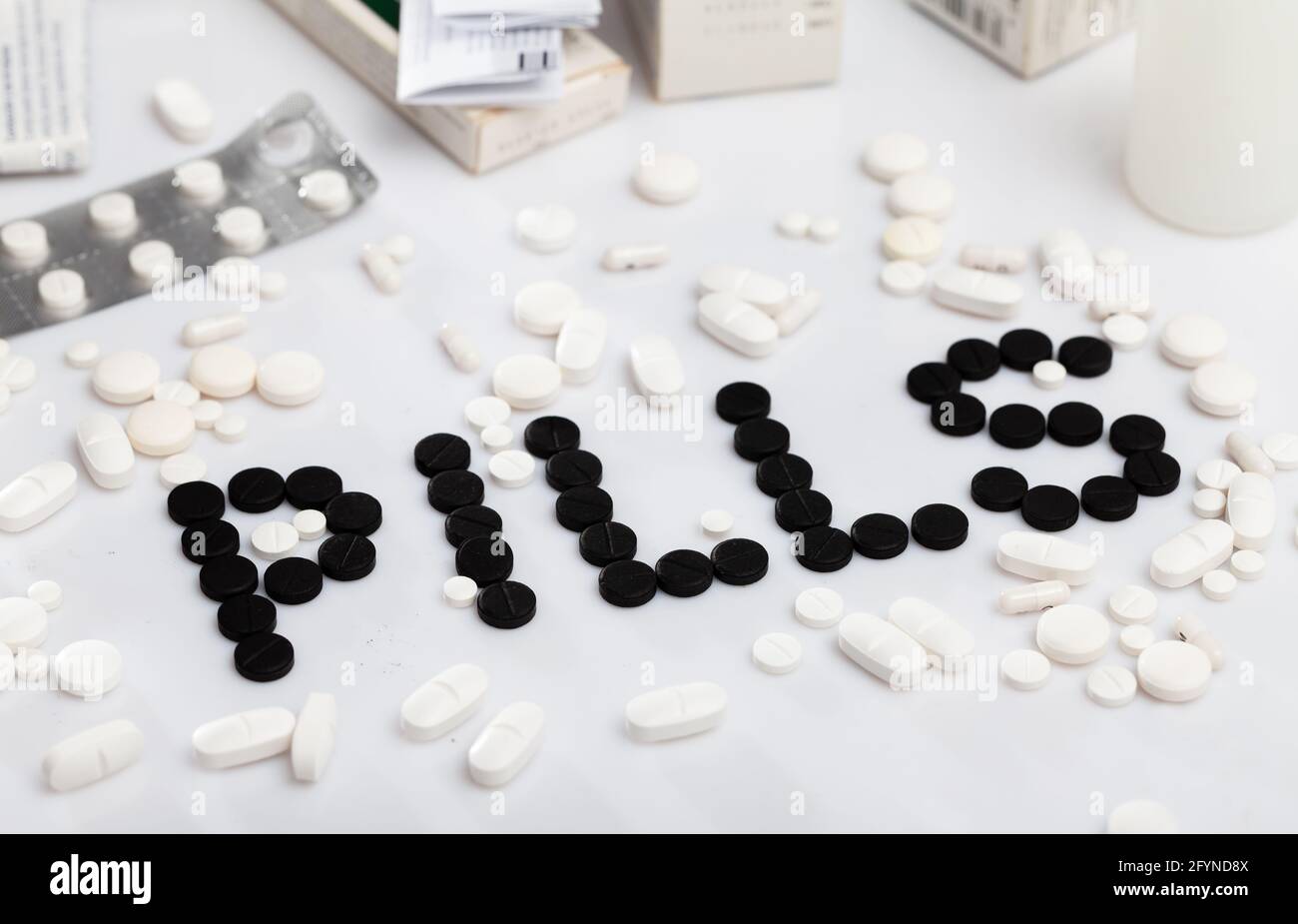 Word PILLS made of tablets on white background. Concept of medicine and ...
