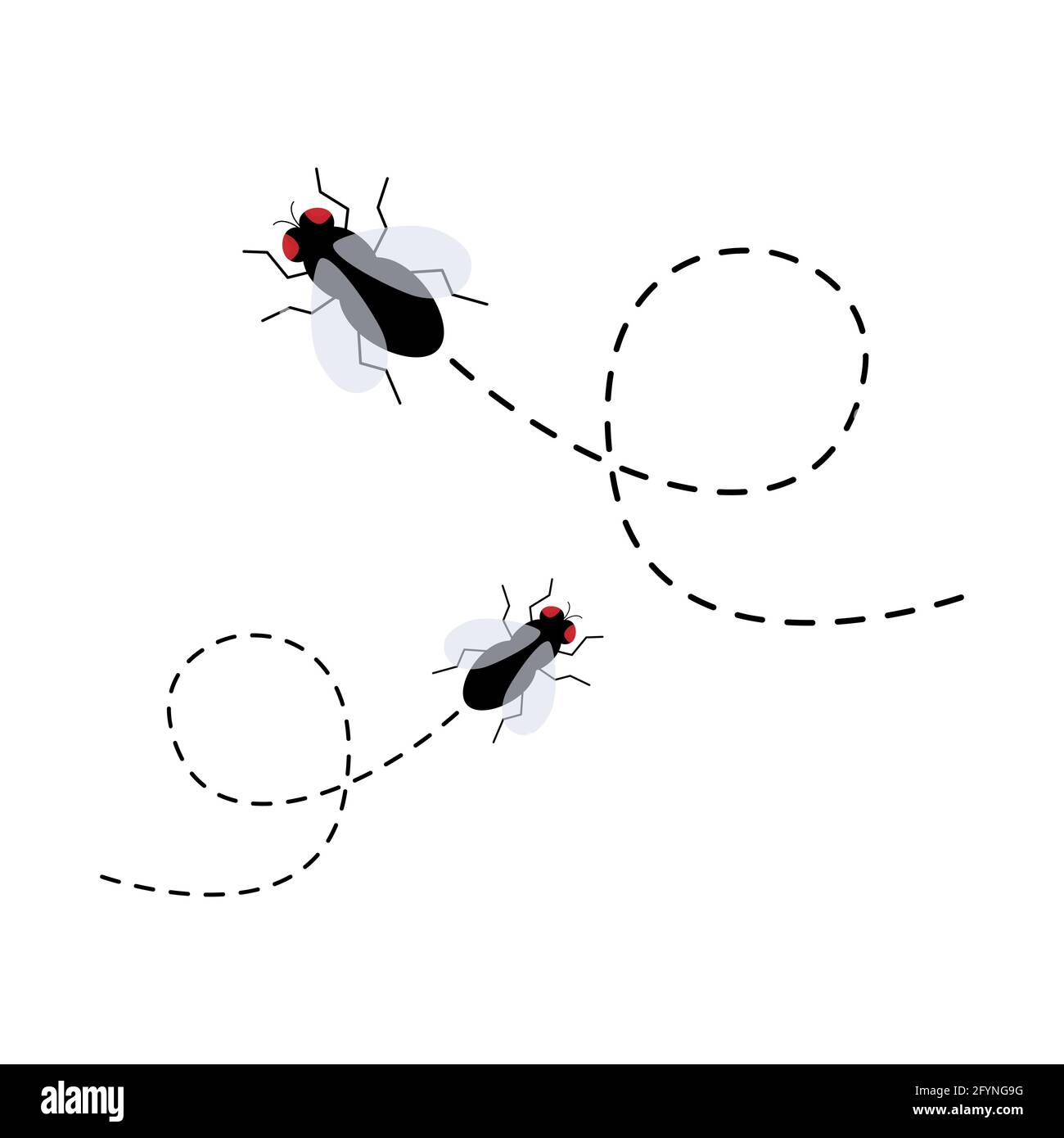 Flies icon set. Fly insect flying on a dotted route. Vector ...