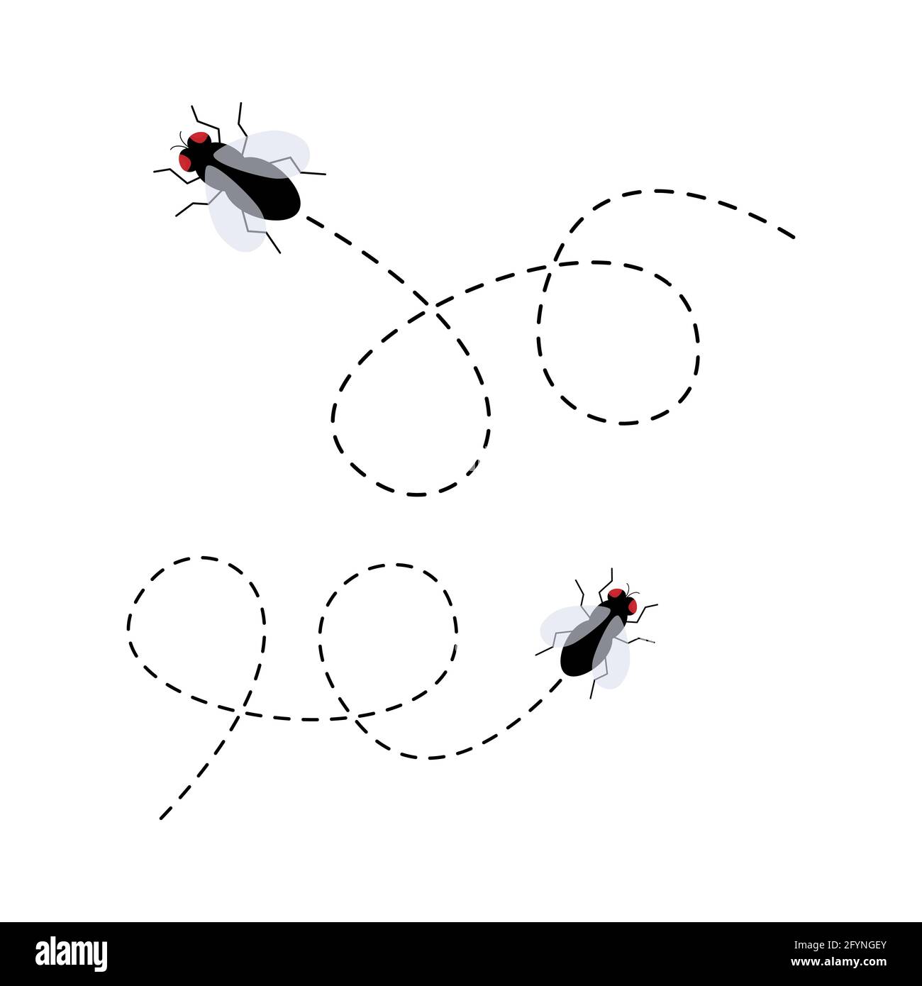 Flies icon set. Fly insect flying on a dotted route. Vector ...