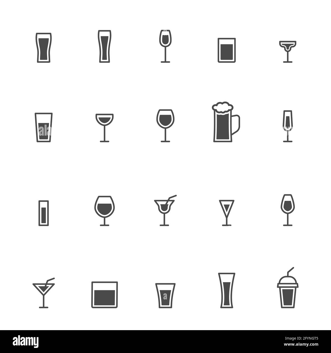 Glass icons set. Drinks black outline group. Glassware linear ...