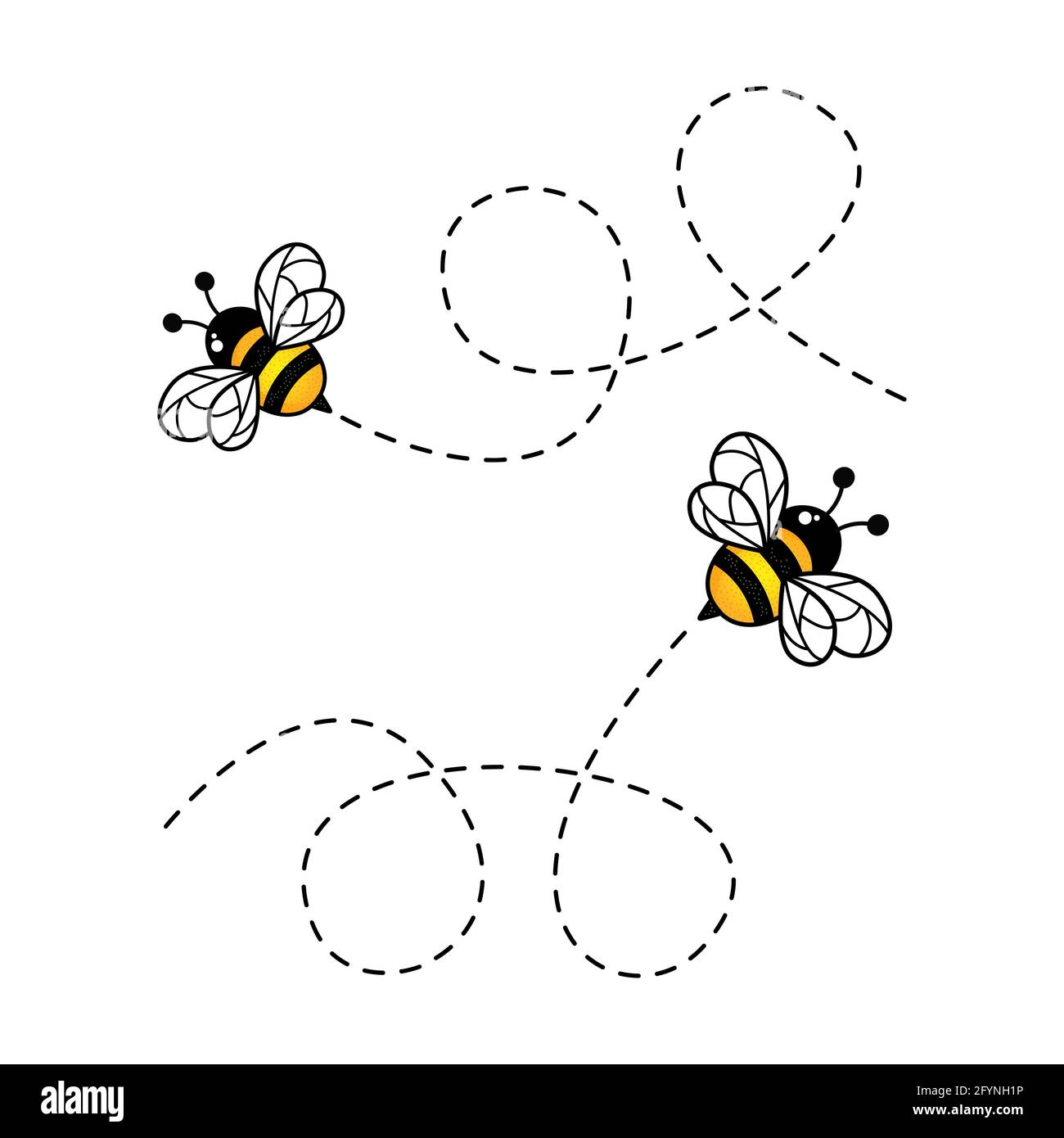 Cute bees with dotted line route set. Vector illustration isolated on ...