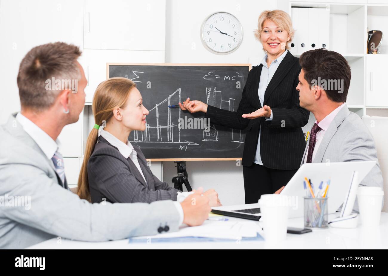 Confident businesswoman doing presentation to colleagues on blackboard ...