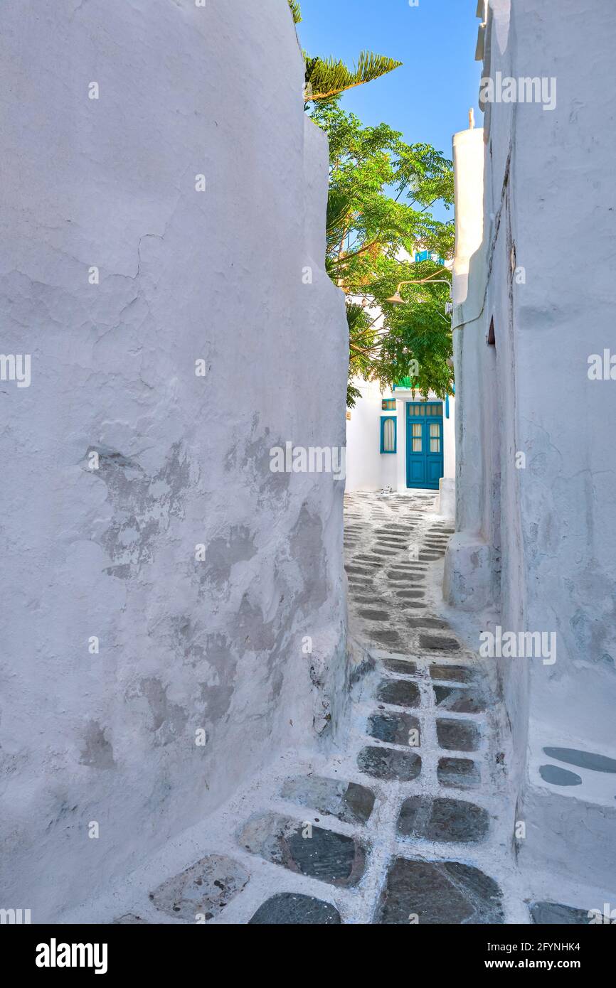Traditional narrow cobblestone streets, beautiful alleyways of Greek ...