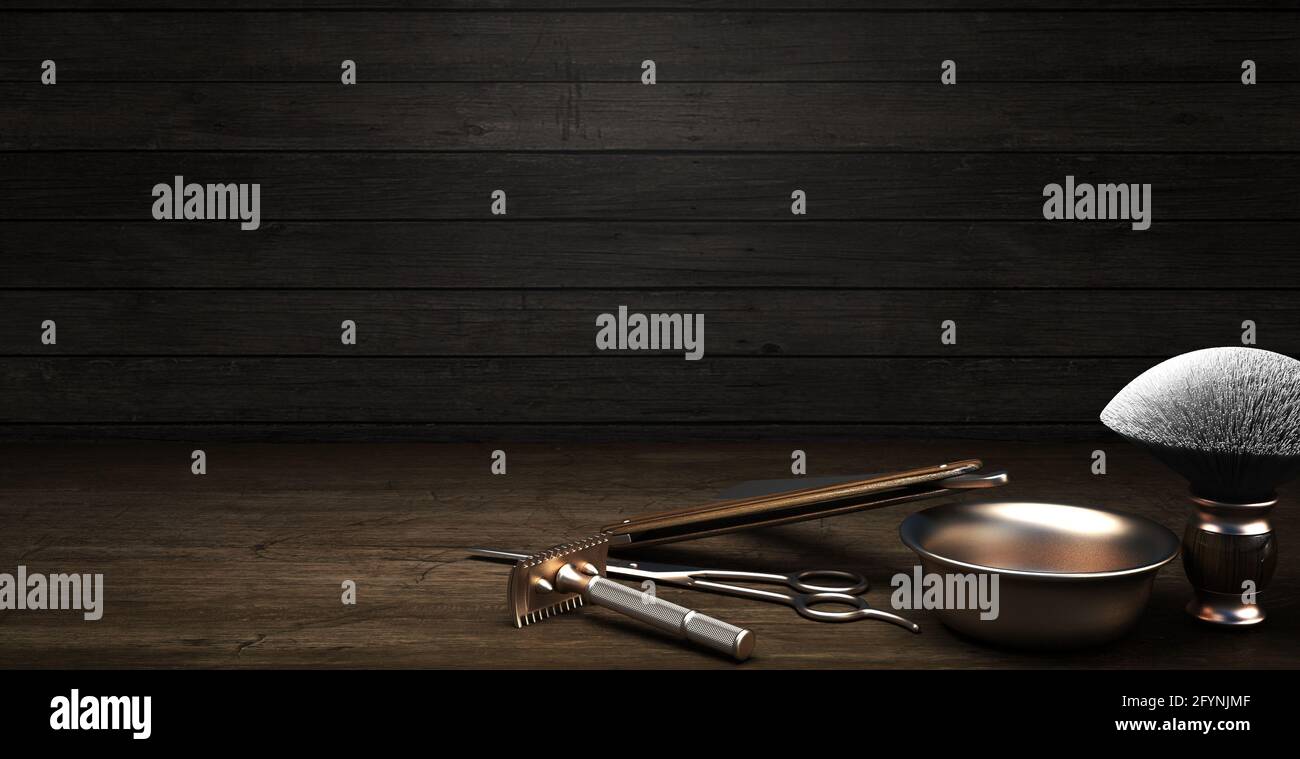Vintage barber shop tools on wood background with place for text. 3d ...