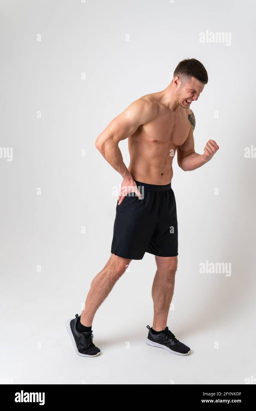 Aching hip in a man white background strong body cramp sick isolated ...