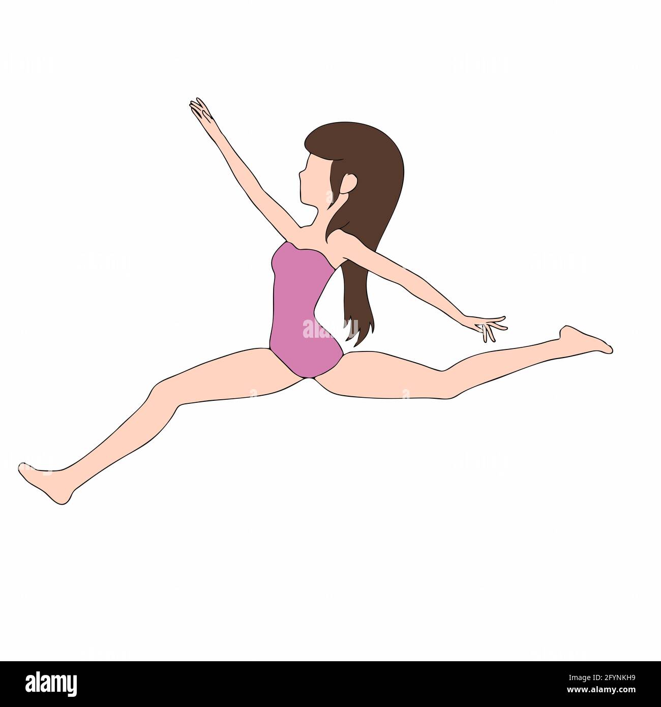 Cartoon woman performing a twine in a jump illustrated on a white ...