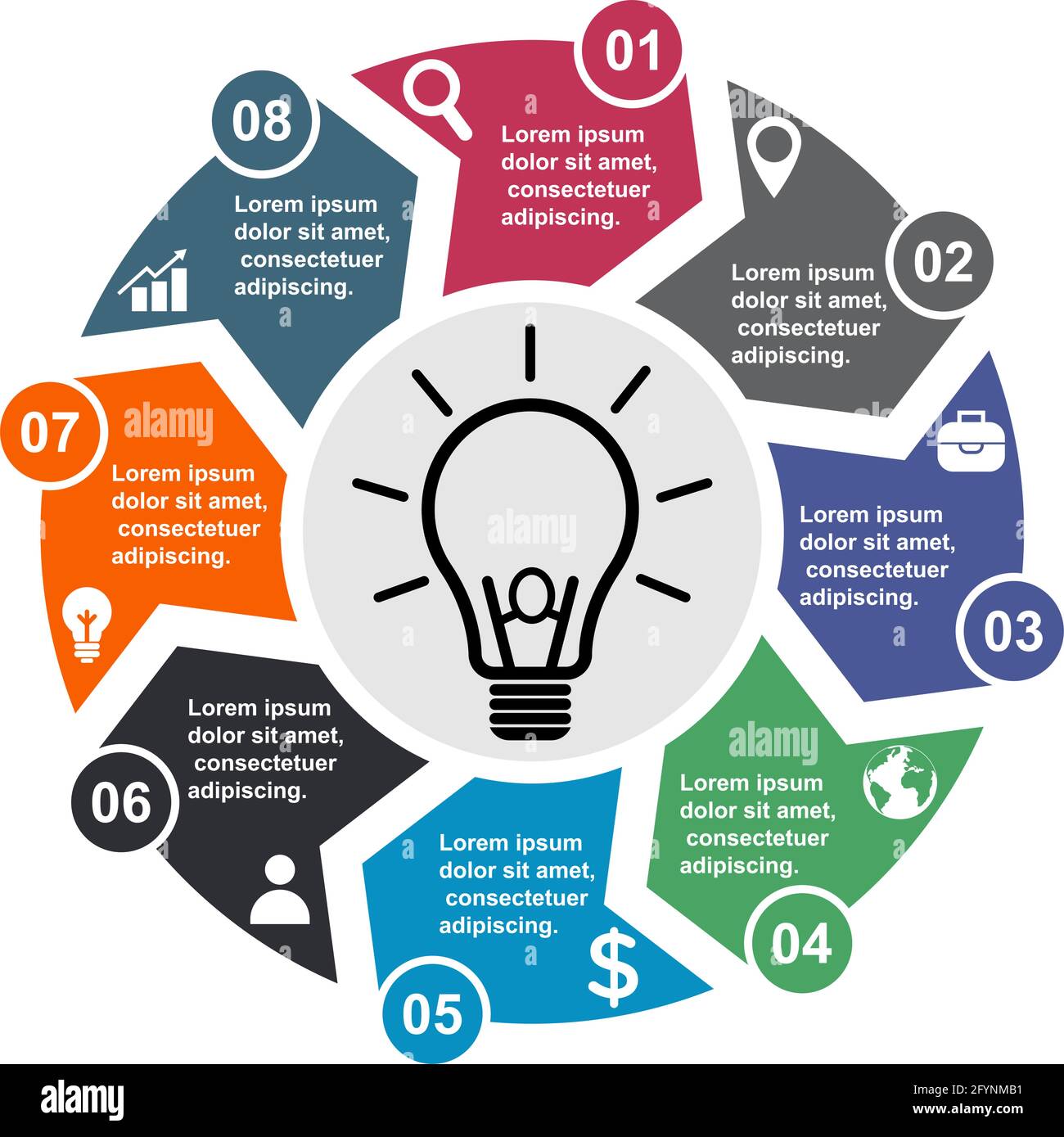 8 step vector element in eight colors with labels, infographic diagram ...
