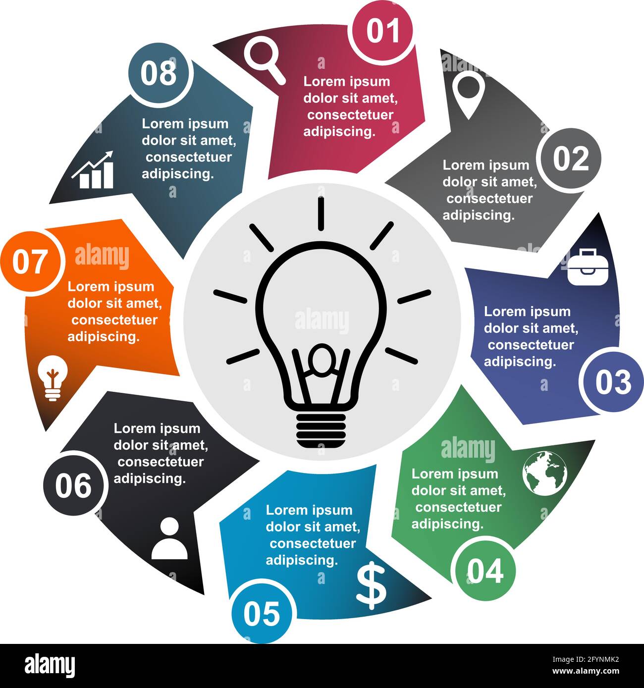 8 step vector element in eight colors with labels, infographic diagram ...
