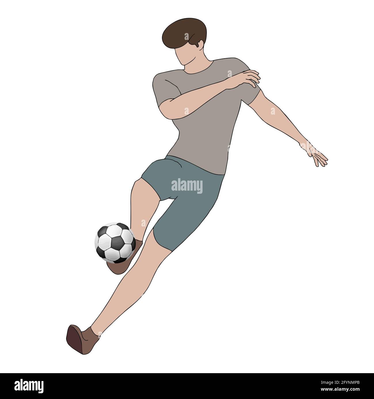 Cartoon man kicking a ball while playing soccer illustrated on white ...