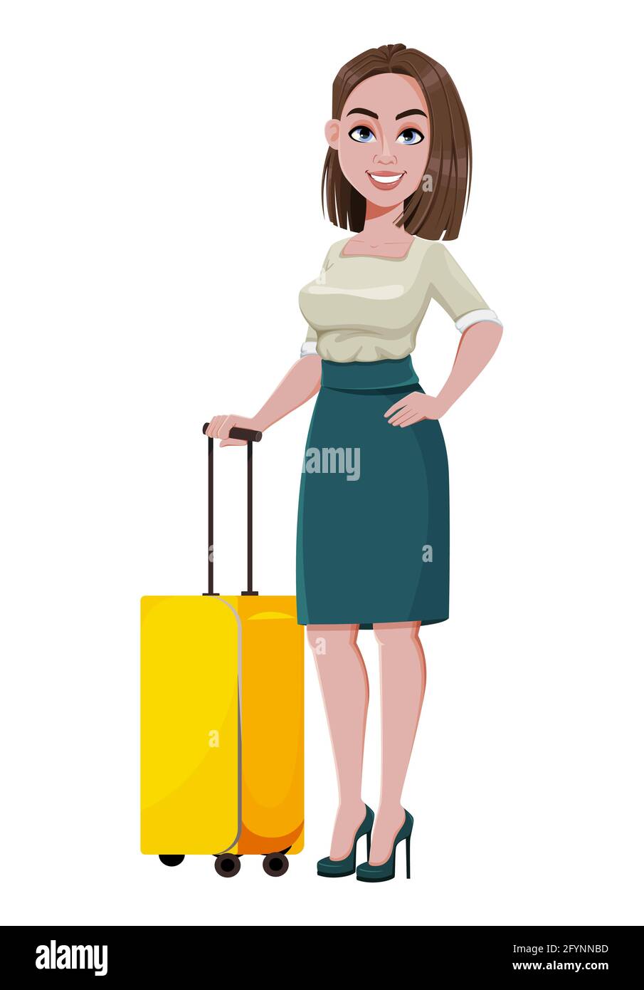 Young successful business woman standing with suitcase. Cute ...