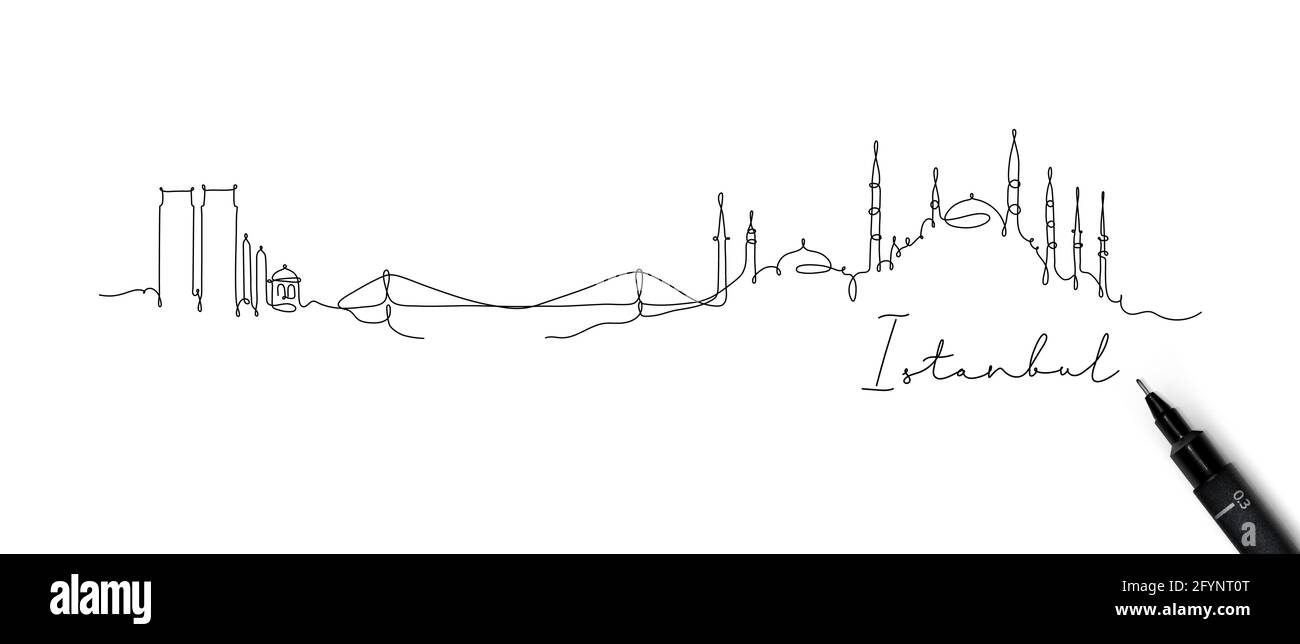 City silhouette Istanbul in pen line style drawing with black lines on ...
