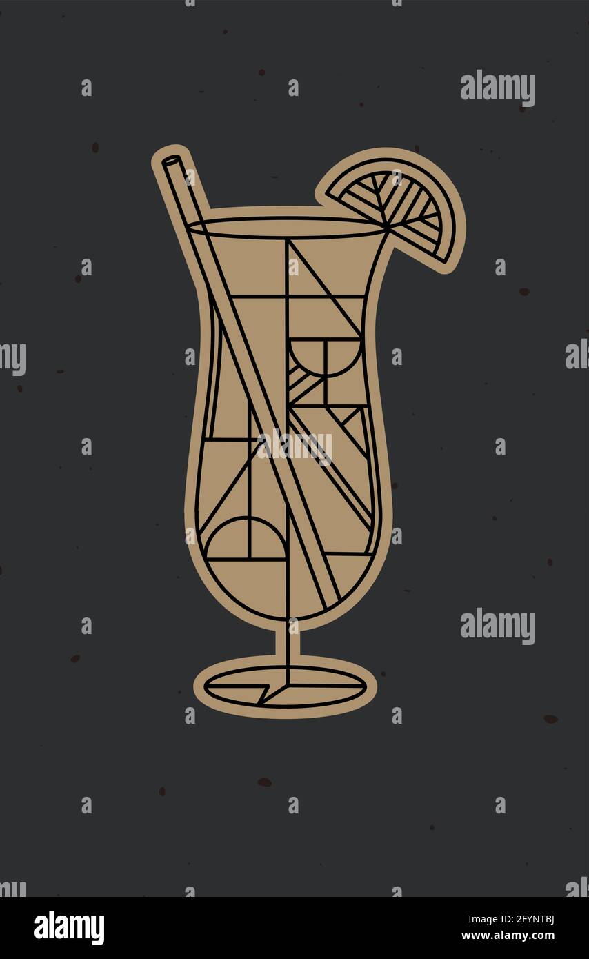 Art deco cocktail pina colada drawing in line style on dark background ...