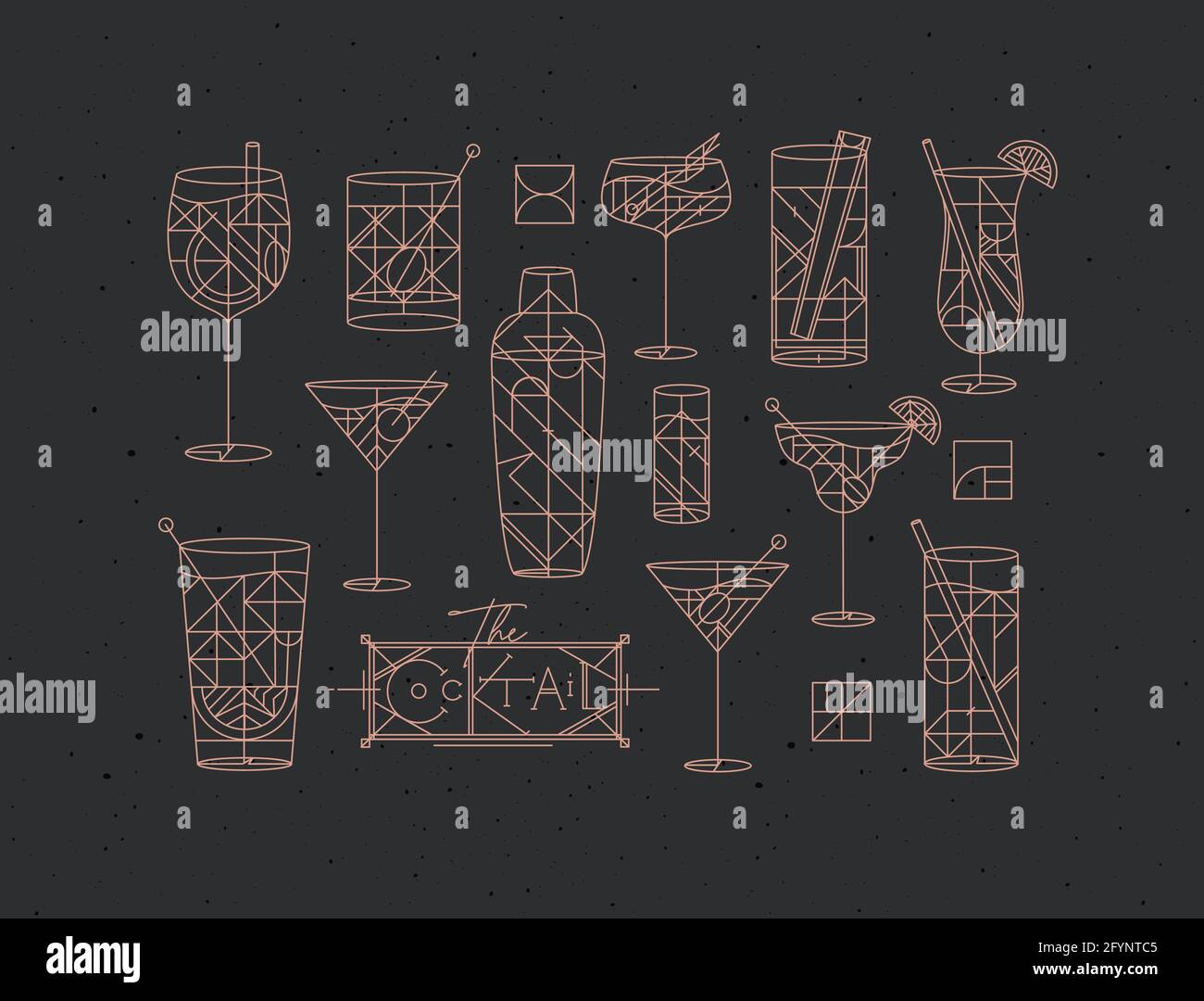 Art deco cocktails set drawing in line style on dark background Stock ...
