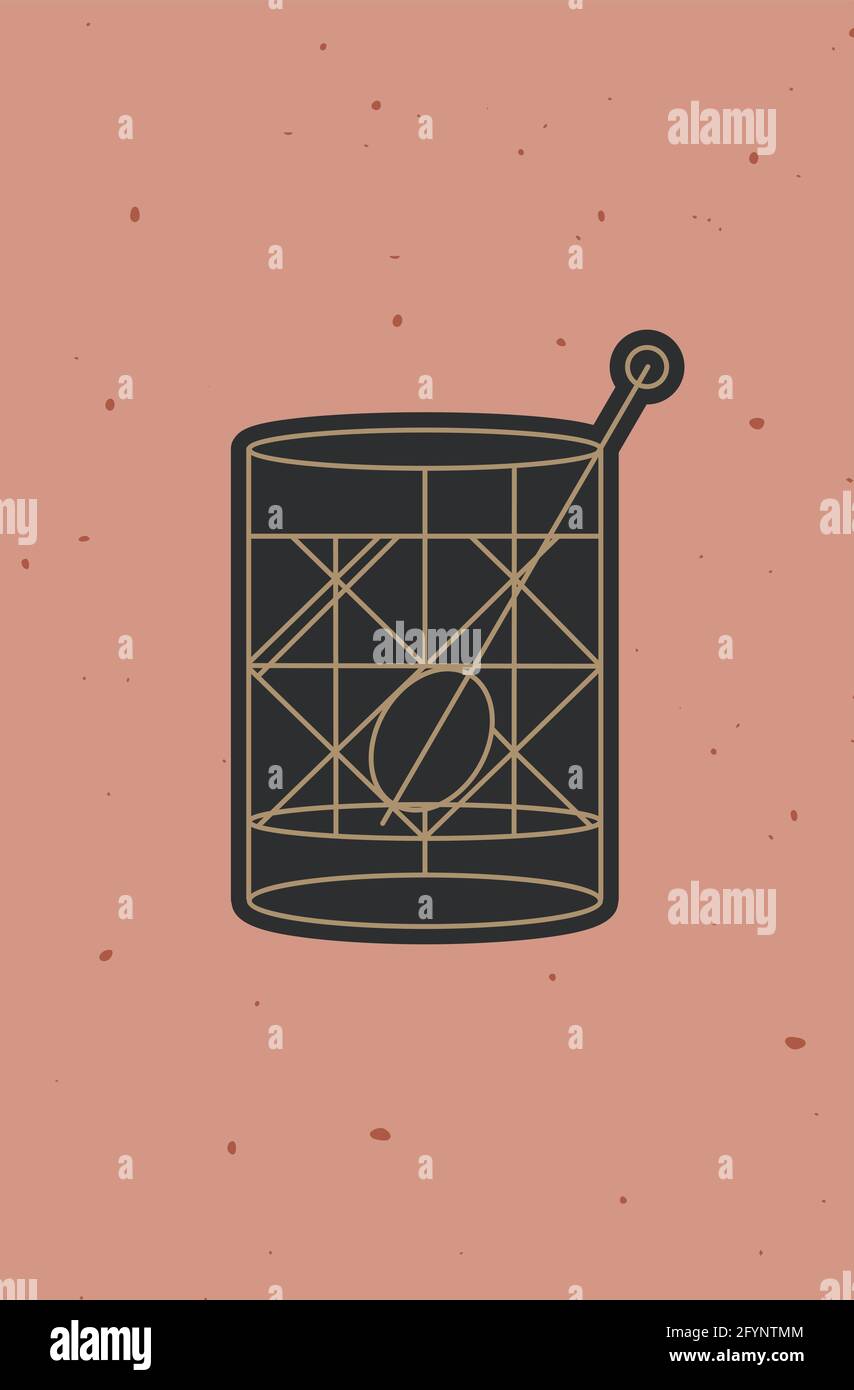 Art deco cocktail tom collins drawing in line style on powder coral ...