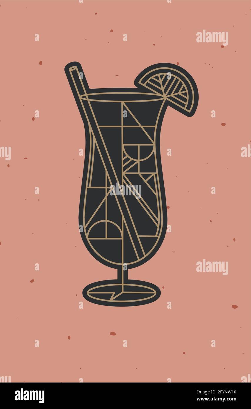 Art deco cocktail pina colada drawing in line style on powder coral ...