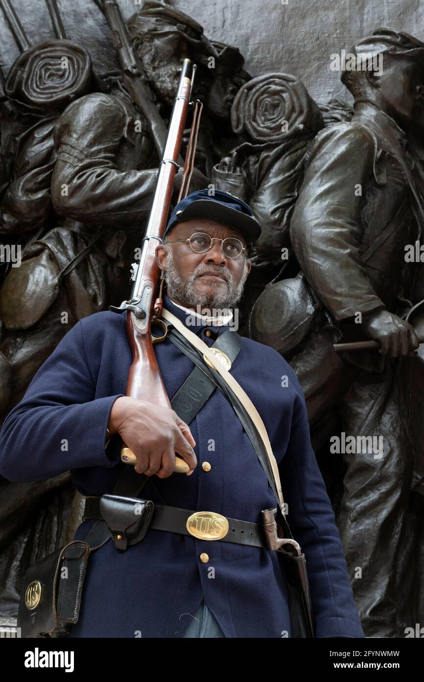 African American US Civil War soldier reenactor posing in front of the ...
