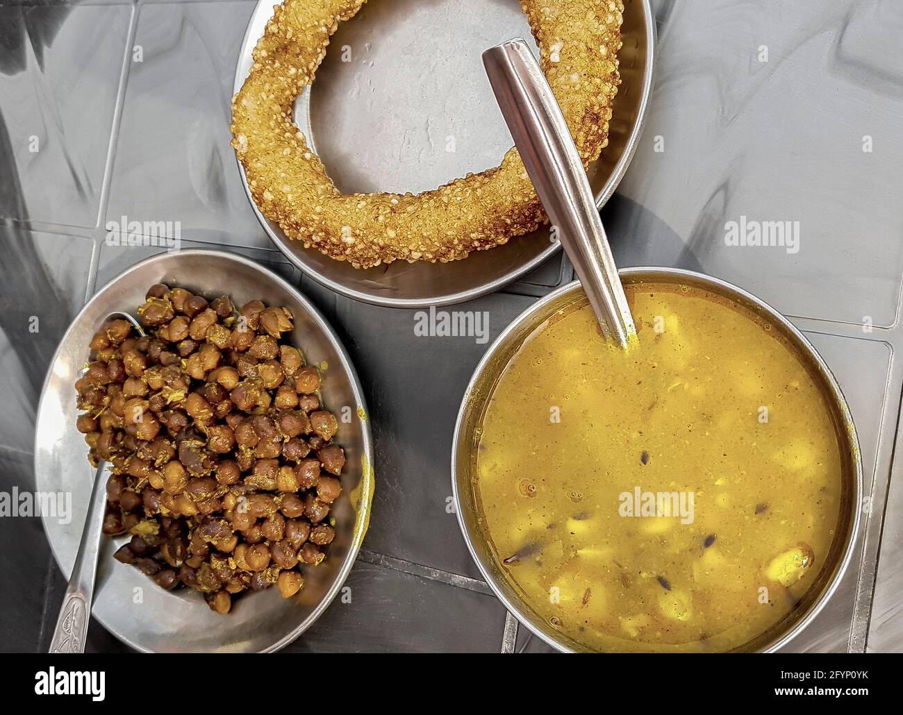 Nepalese food breakfast with Sel Roti and chickpeas. Ring Road in ...