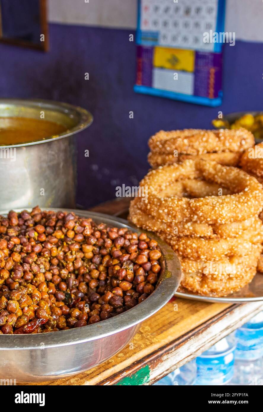 Nepalese food breakfast with Sel Roti and chickpeas. Ring Road in ...