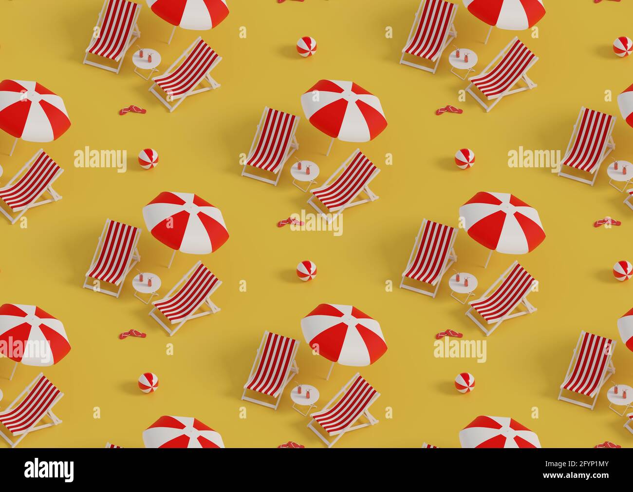 Isometric seamless pattern of lounge chairs and umbrella on yellow ...