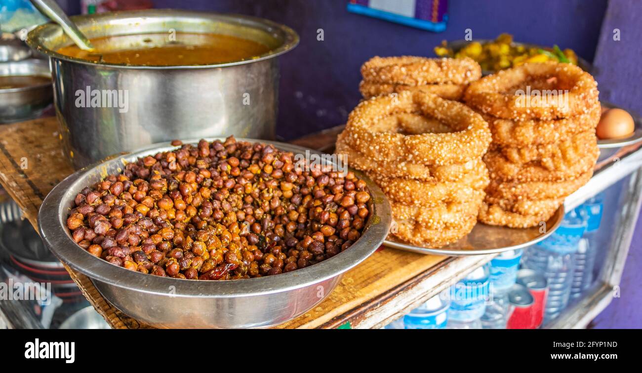 Nepalese food breakfast with Sel Roti and chickpeas. Ring Road in ...