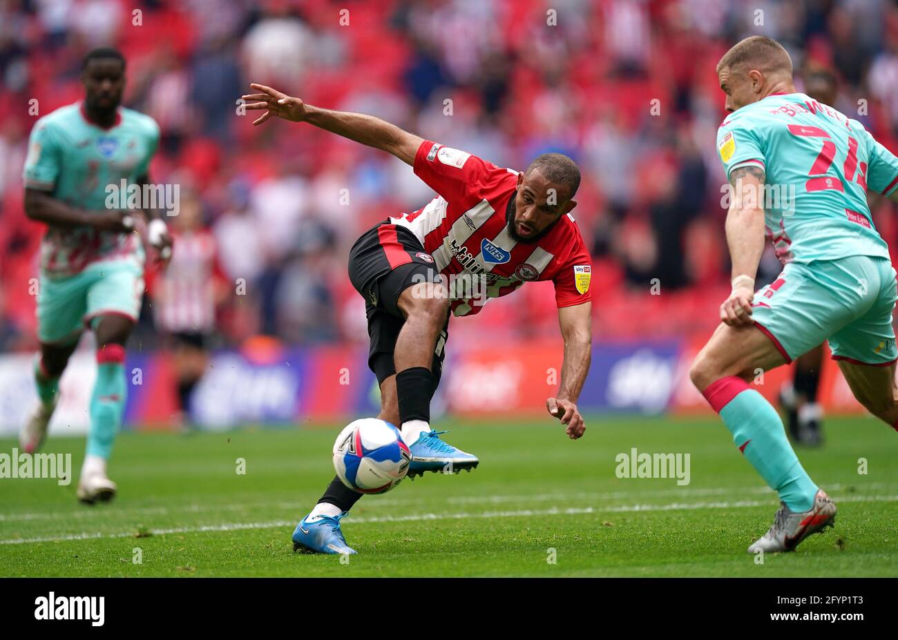Brentford's Bryan Mbeumo misses a chance from close range during the ...