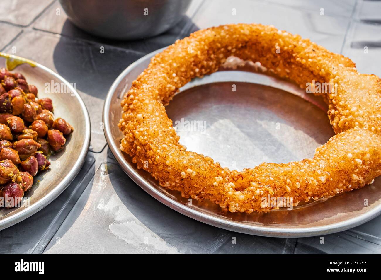 Nepalese food breakfast with Sel Roti and chickpeas. Ring Road in ...