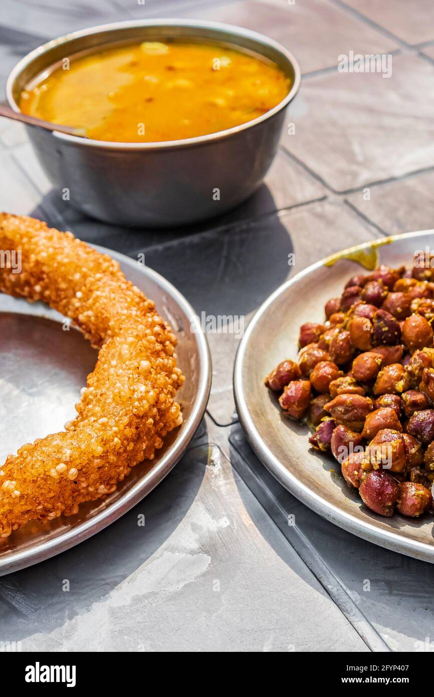 Nepalese food breakfast with Sel Roti and chickpeas. Ring Road in ...
