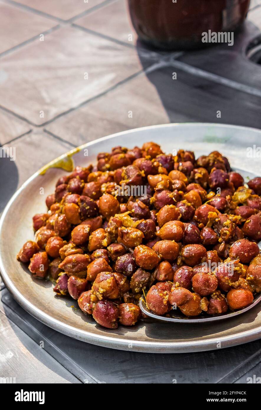 Nepalese food breakfast with Sel Roti and chickpeas. Ring Road in ...