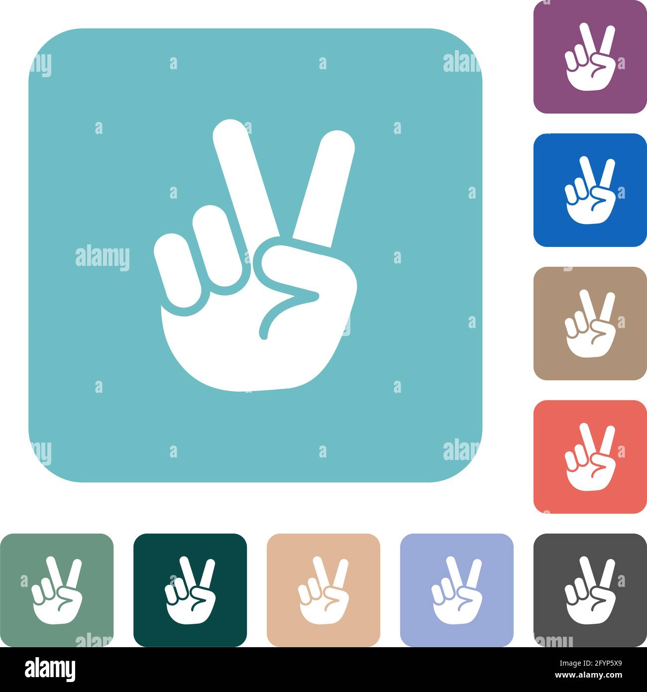 Victory sign hand gesture white flat icons on color rounded square ...