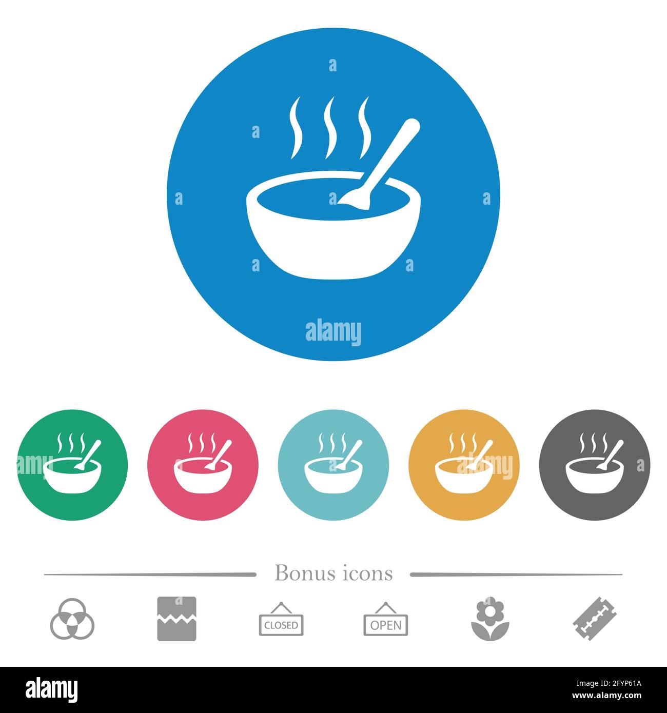 Steaming bowl of soup with spoon flat white icons on round color ...
