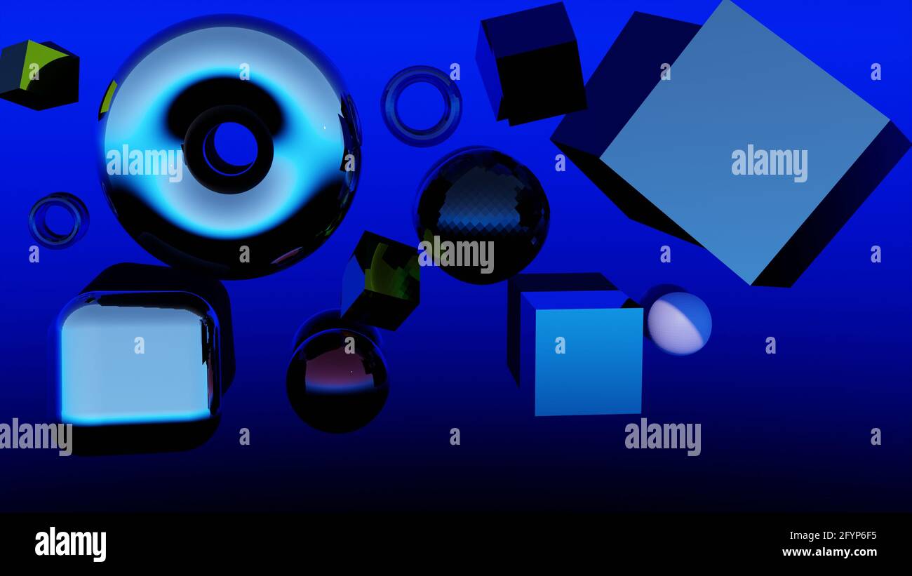blue 3d background, 3d objects on metallic blue colored surface, shiny ...