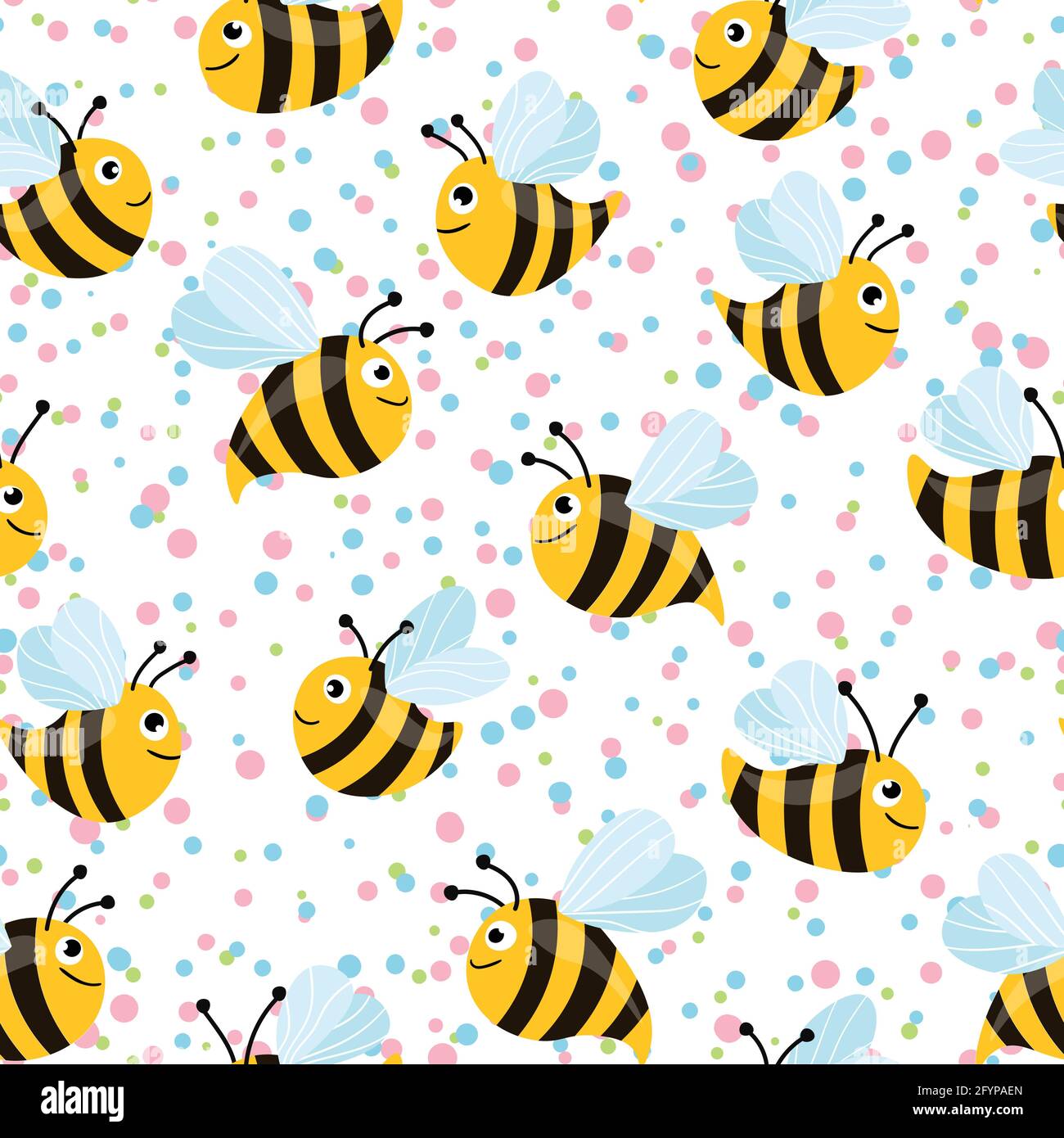 Seamless pattern with bees on white polka dots background. Small wasp ...
