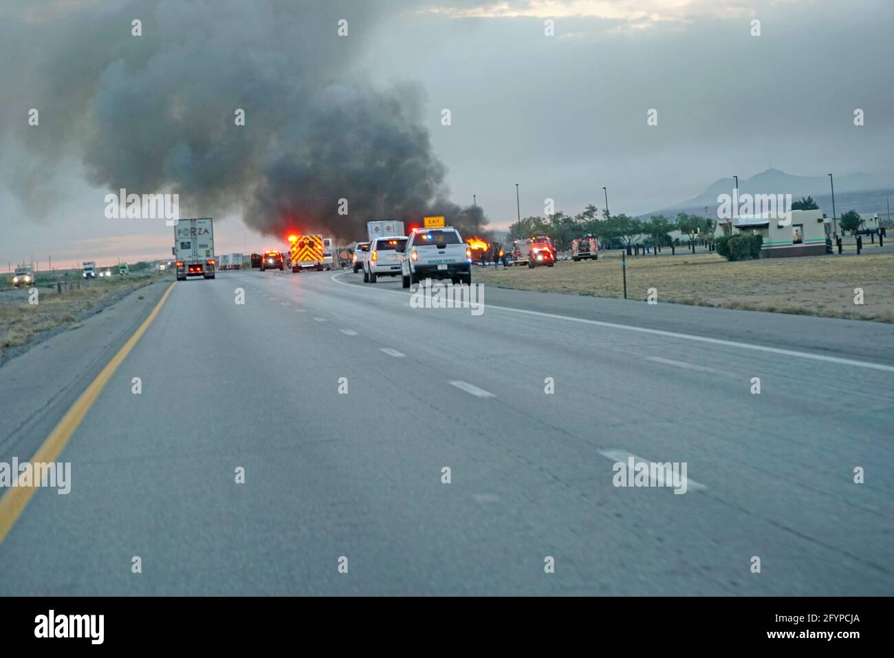 Truck fire a highway rest stop Stock Photo - Alamy