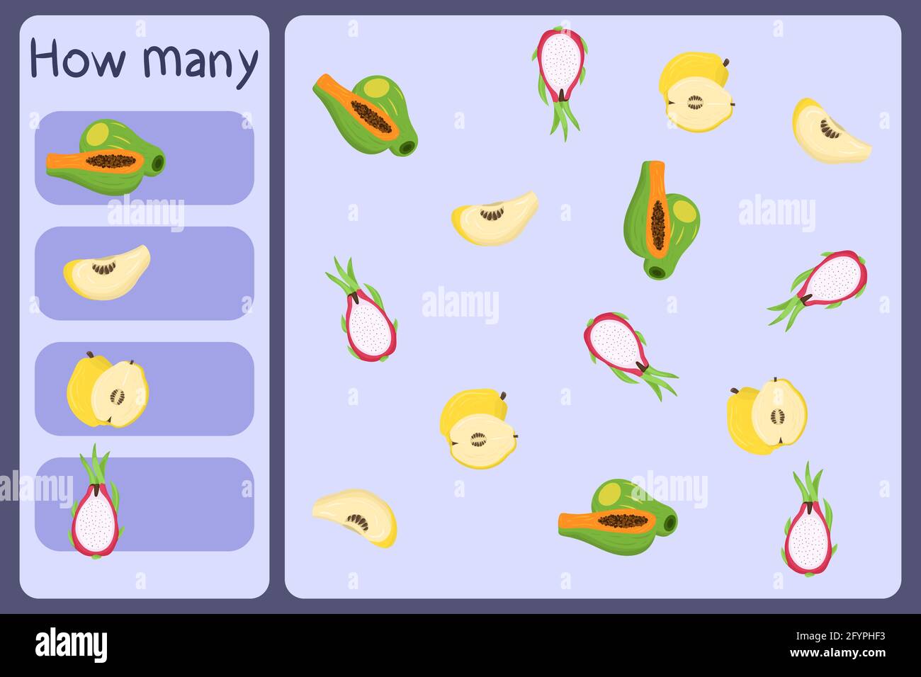 Kids mathematical mini game - count how many fruits - papaya, dragon ...