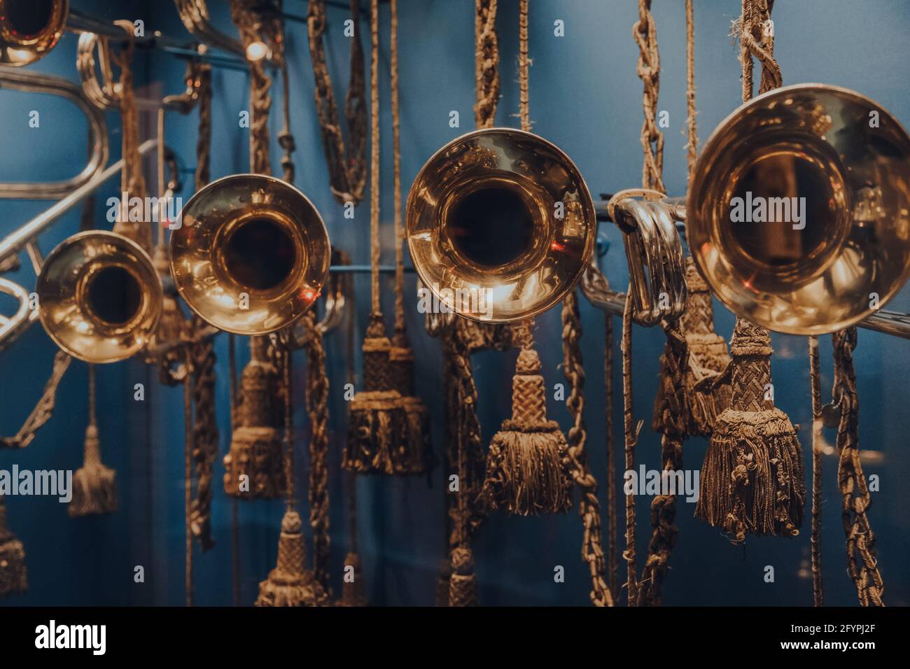Brussels, Belgium - August 17, 2019: Trumpets on the exhibit inside The ...