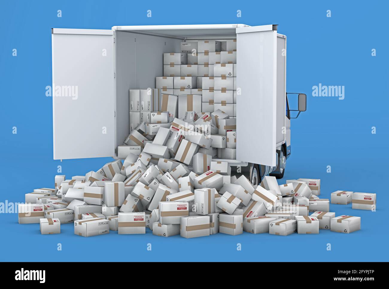 Hundreds of shipping packages or cartons fall out of a van - 3d ...