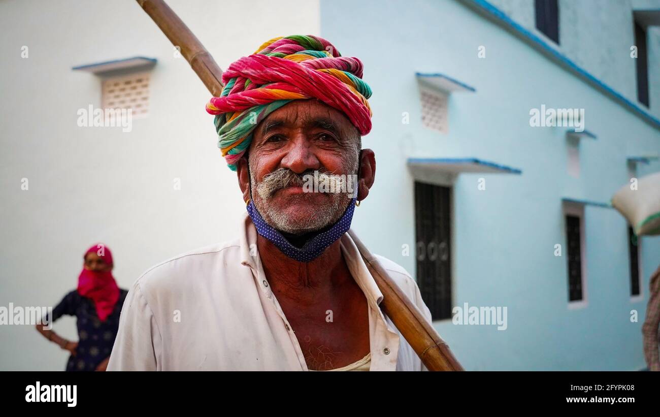 15 May 2021- Reengus, Sikar, India. Unidentified Rajasthani old man ...