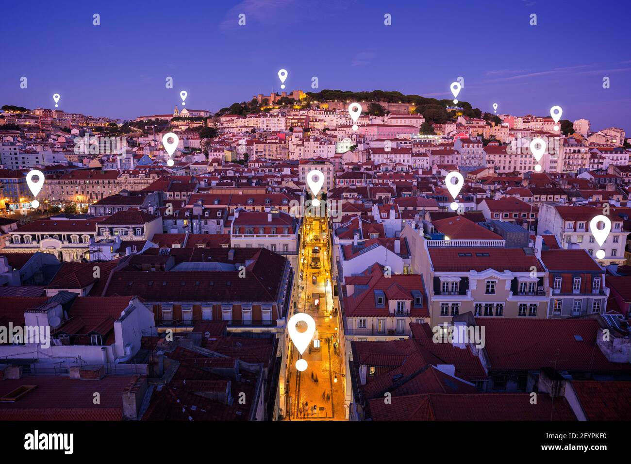 Map pin icons on Lisbon cityscape at dusk. Scenic view of downtown ...