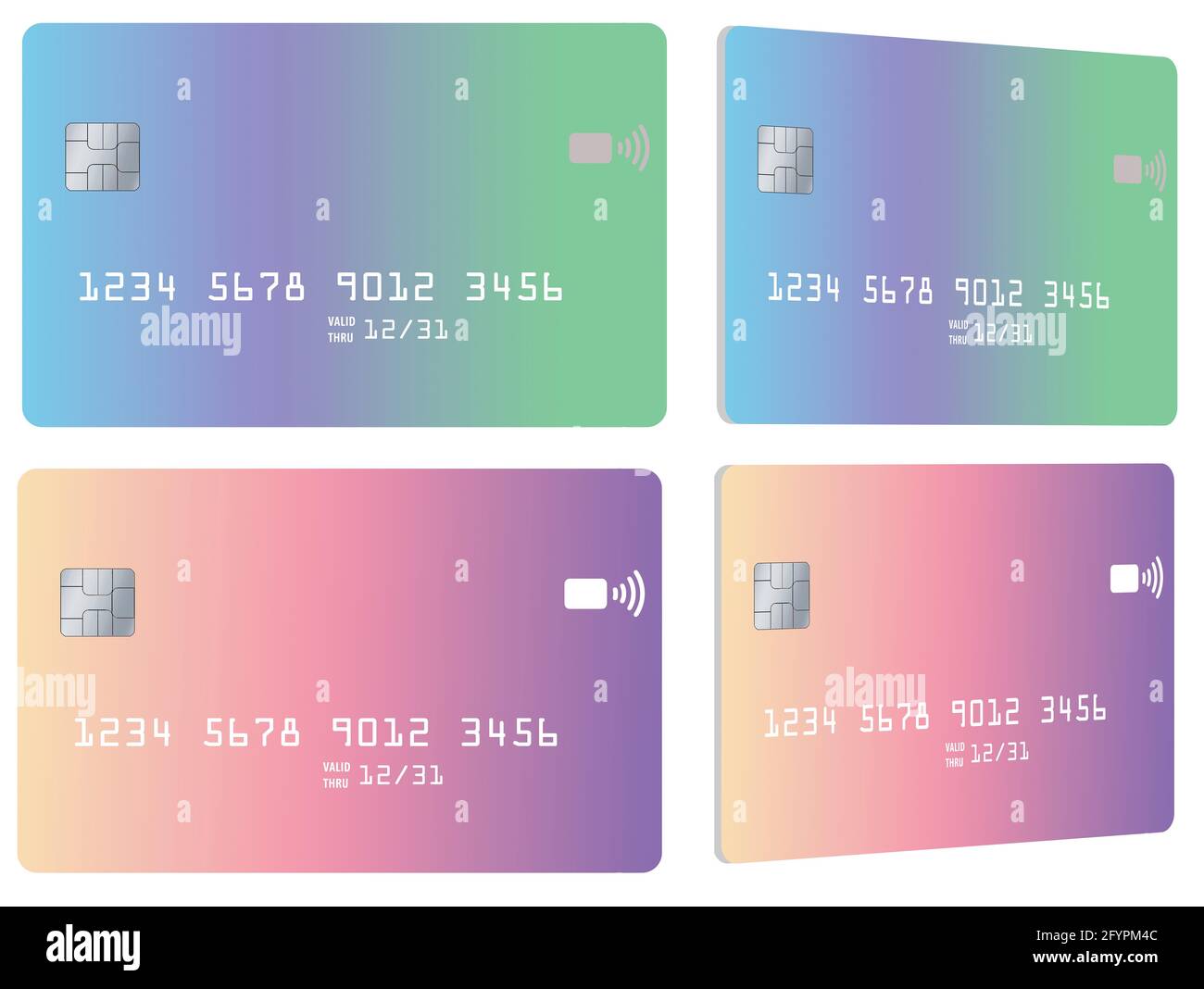 Pastel colored generic credit cards are seen isolated on a white ...